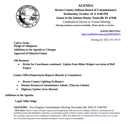 Commissioner Meeting Notes, Oct 16, 2024. Internally LIT signs, bricks ...